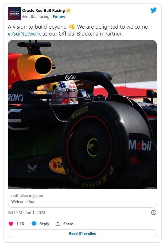 Il team di F1 Oracle Red Bull Racing si allea con Sui Blockchain