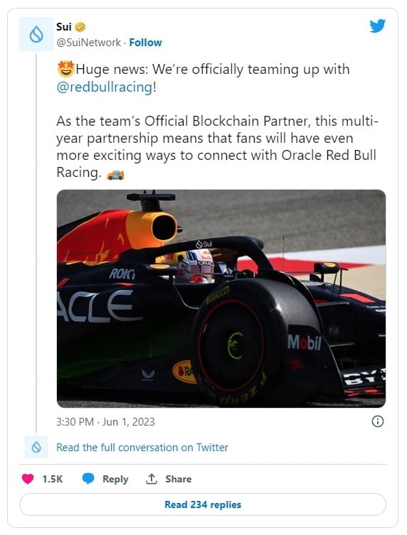 Il team di F1 Oracle Red Bull Racing si allea con Sui Blockchain